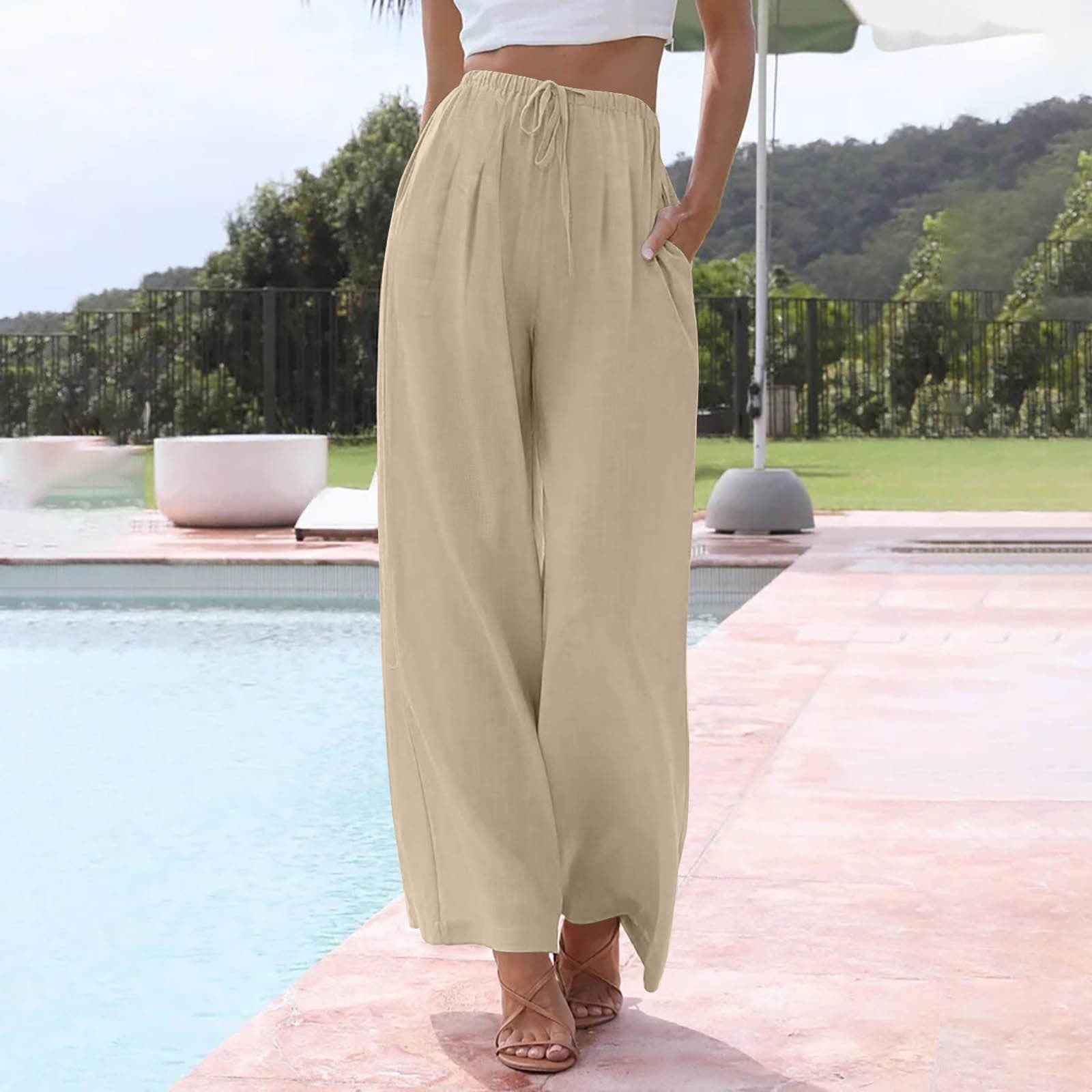 CHCNHAC Womens Linen Pants Loose Palazzo Flowy Lounge Pants Wide Leg ...