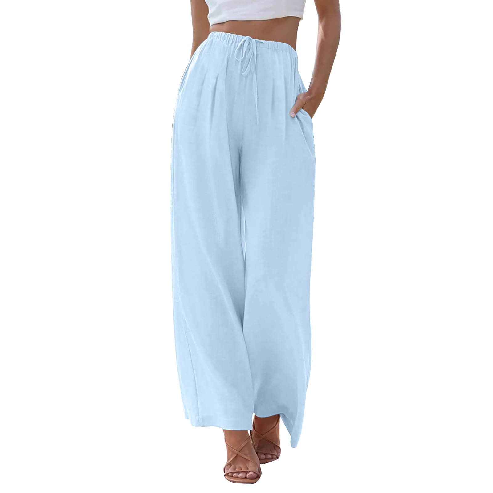 CHCNHAC Womens Linen Pants Loose Palazzo Flowy Trousers Pants Wide Leg ...