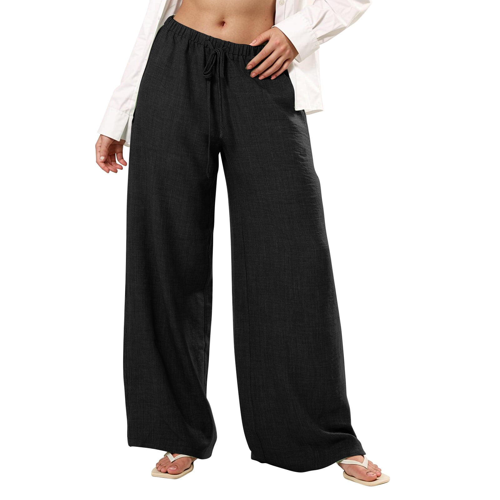 CHCNHAC Womens Linen Pants Palazzo Flowy Linen Pant Baggy Wide Leg Boho ...