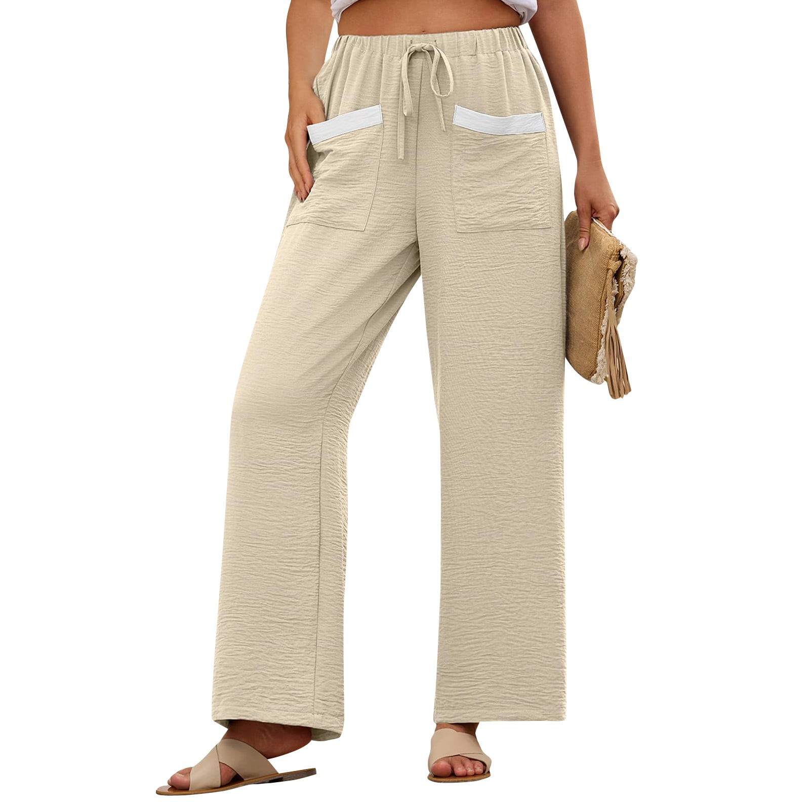 CHCNHAC Womens Linen Pants Palazzo Flowy Linen Pant Baggy Wide Leg ...