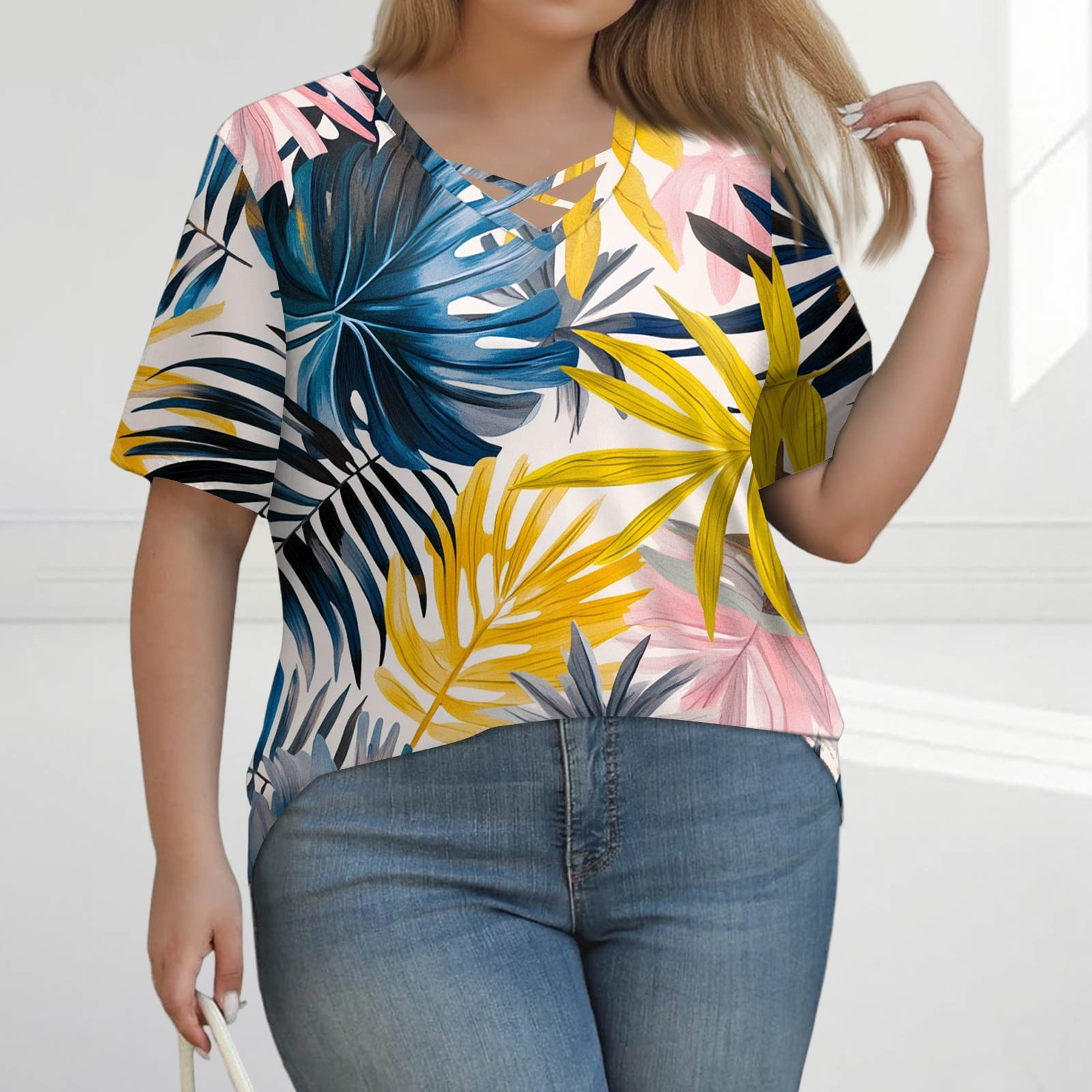 CHCNHAC Womens Plus Size Tops Criss Cross Summer Tunic Tops Oversized V ...