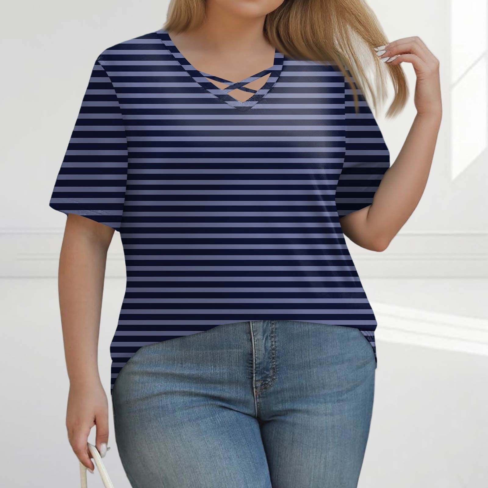 CHCNHAC Womens Plus Size Tops Criss Cross V-Neck Tunic Tops Casual ...