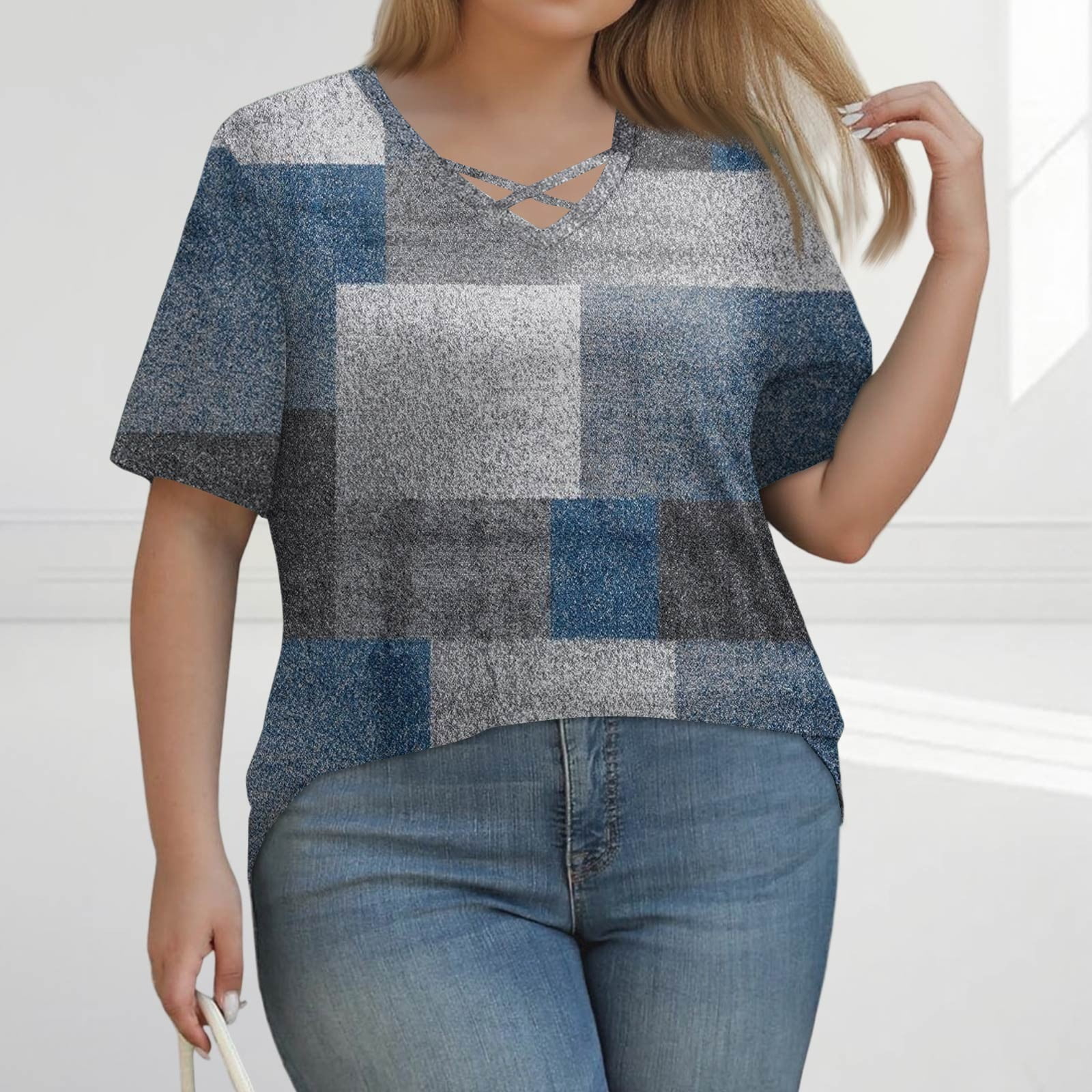 CHCNHAC Womens Plus Size Tops Summer Oversized Top Criss Cross V-Neck ...