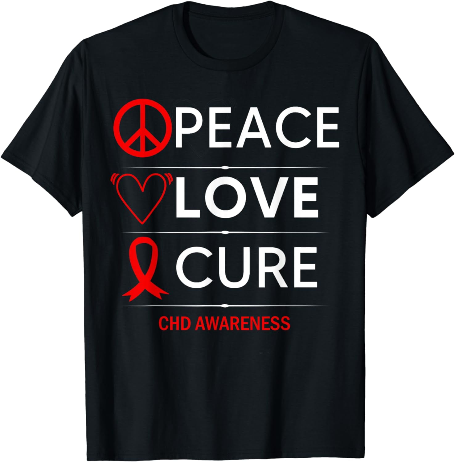 CHD Awareness Peace Love Cure Heart Defect Red Ribbon T-Shirt - Walmart.com