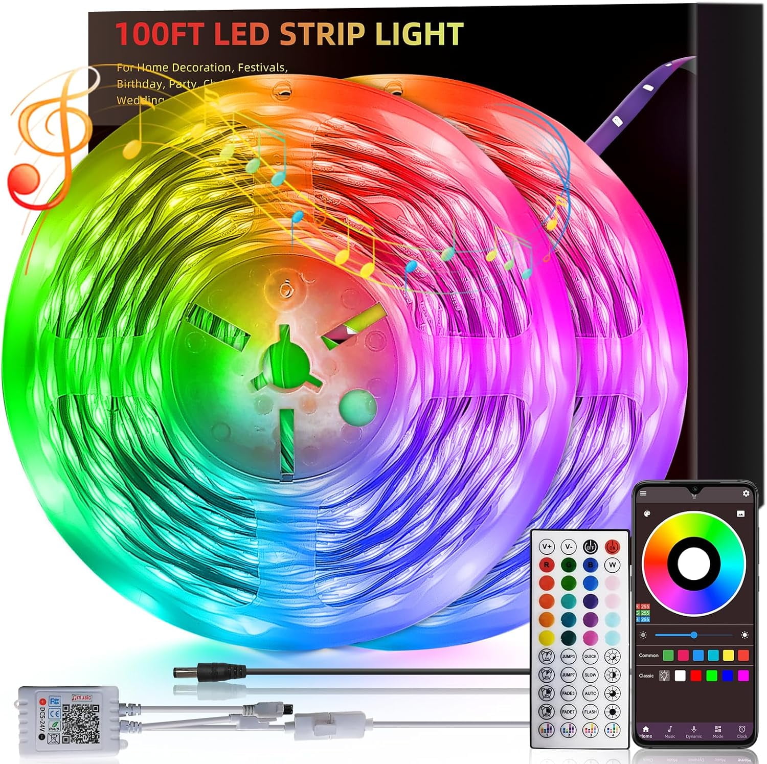 CHE-100ft Led Lights for Bedroom, Led Strip Lights Music Sync Corlor ...