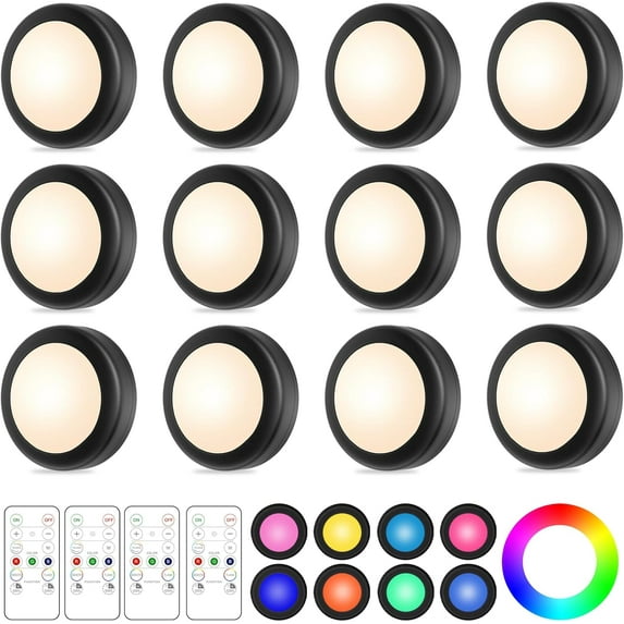 CHE-12 Pack LED Puck Lights Remote Control 16 Color Changeable Under ...