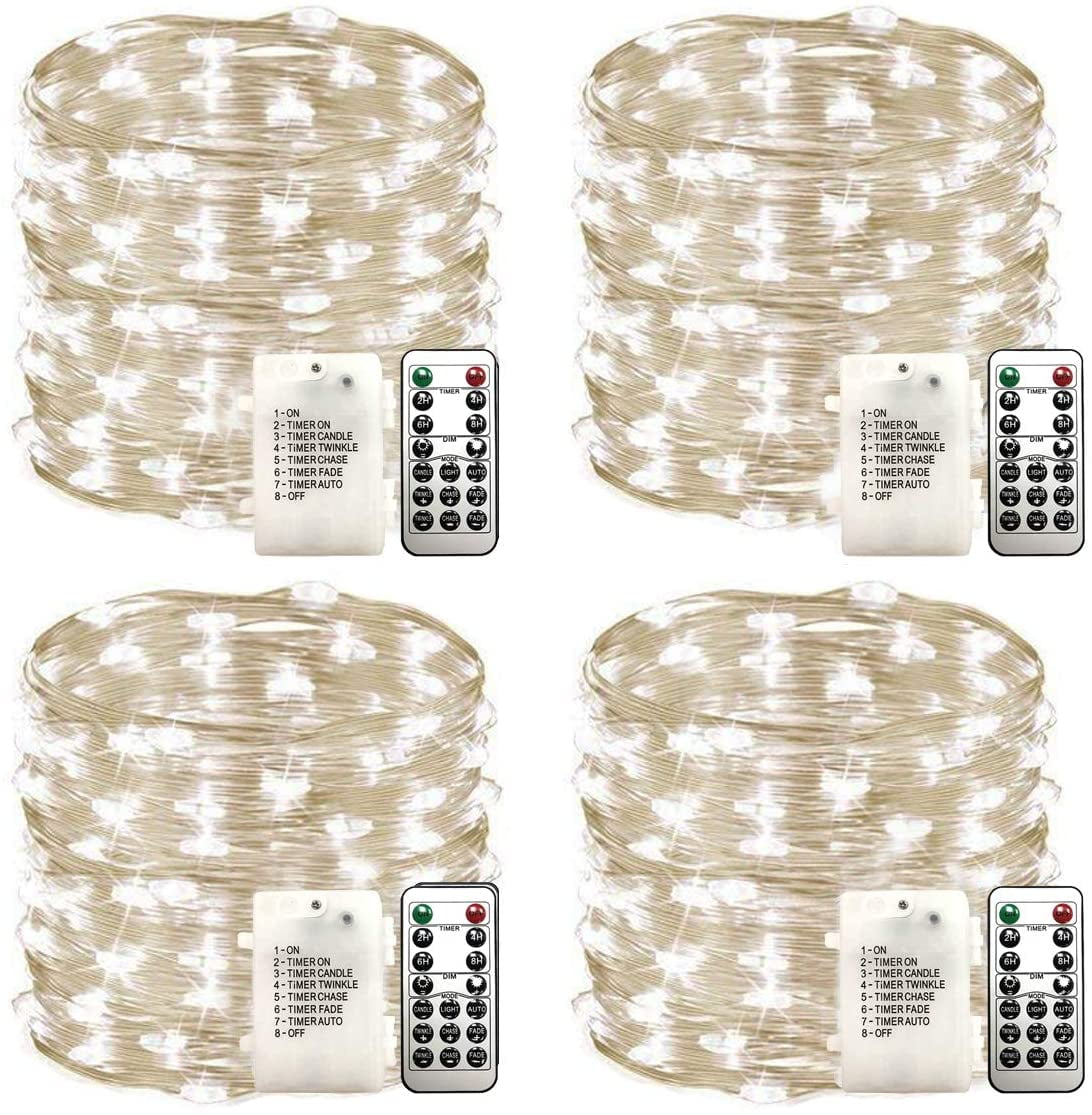 CHE-4 Pack 33Ft 100 Cool White Led Fairy Lights Battery Operated with ...
