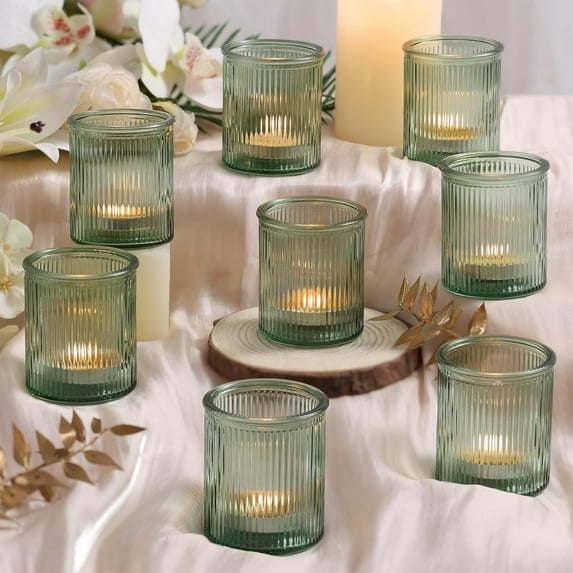 CHE-8Pcs Ribbed Green Votive Candle Holders, Tea Light Candle Holder ...