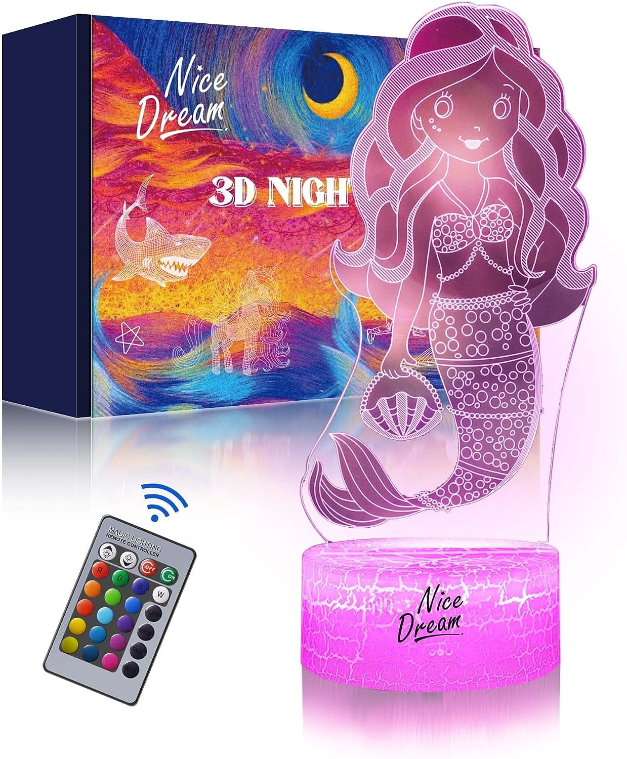 CHE-Cute Mermaid Night Light for Kids, 3D Illusion Night Lamp, 16 ...