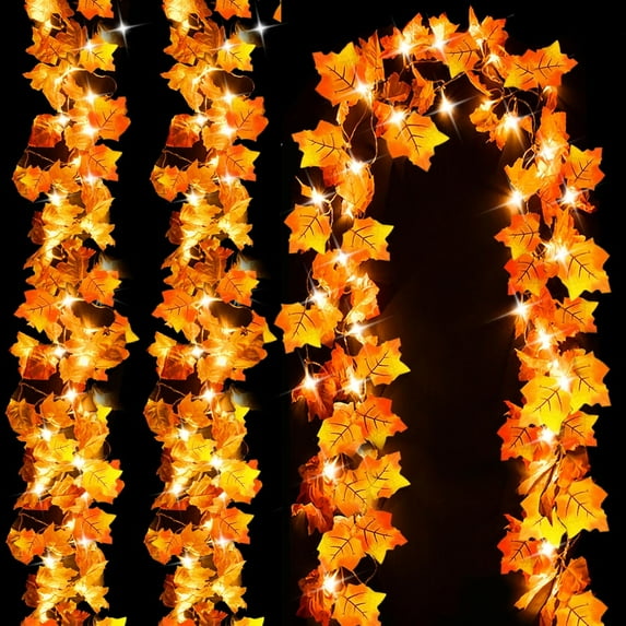 CHE-Fall Decor 3-Pack Fall Leaf Garland with Lights, Total 24.6ft 60 ...