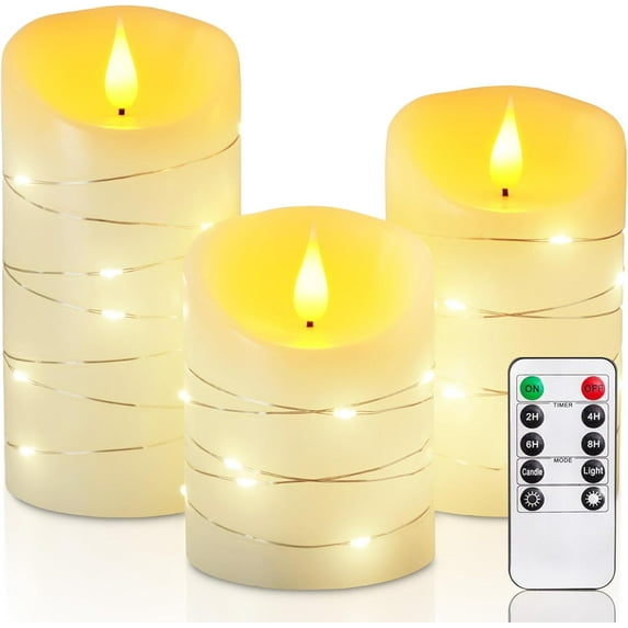 CHE-Flameless Candles with String Lights, 3 Pack Embedded Fairy String ...