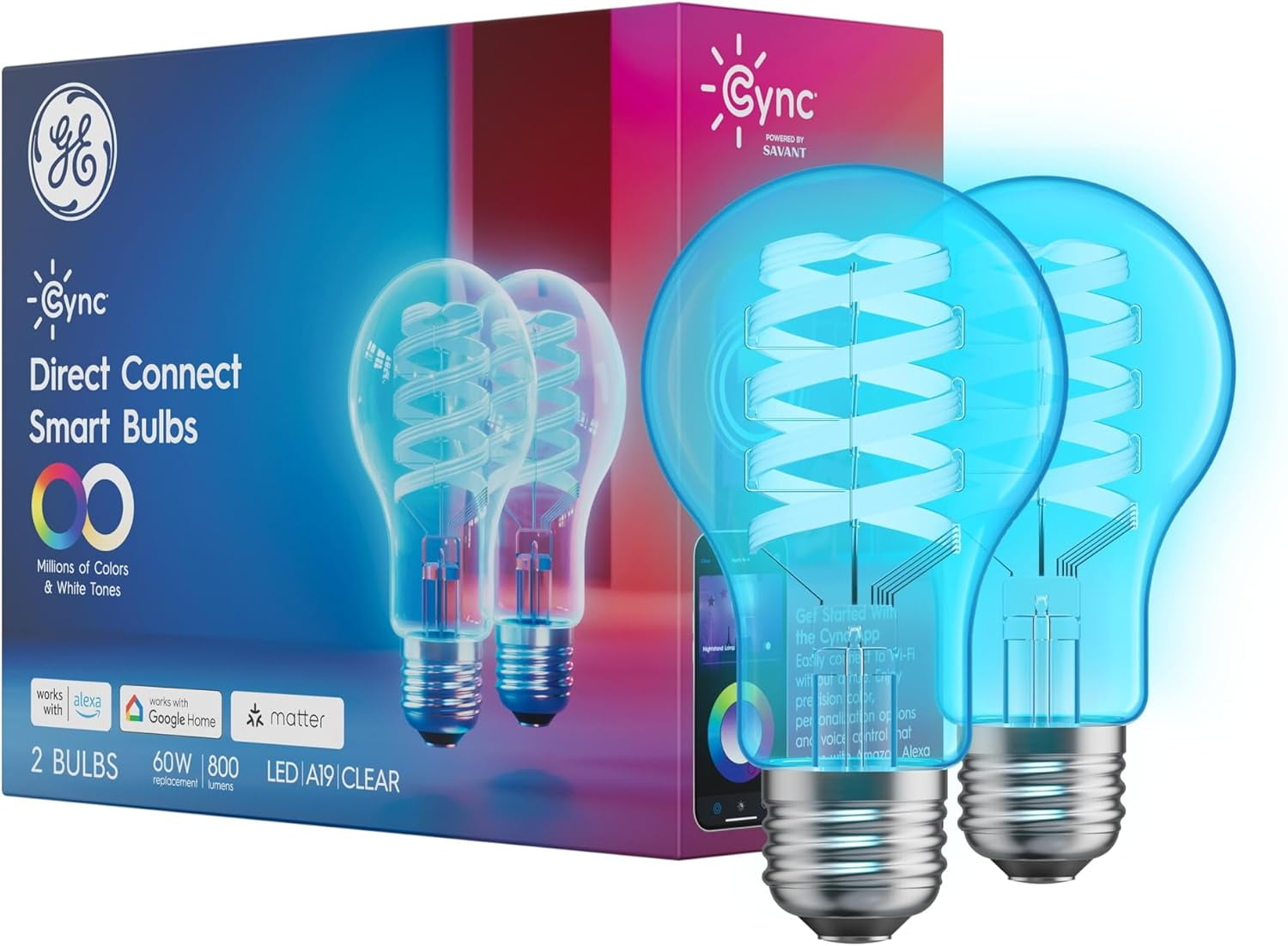 CHE-GE A19 Direct Connect LED Light Bulb, Color Changing Clear Smart ...