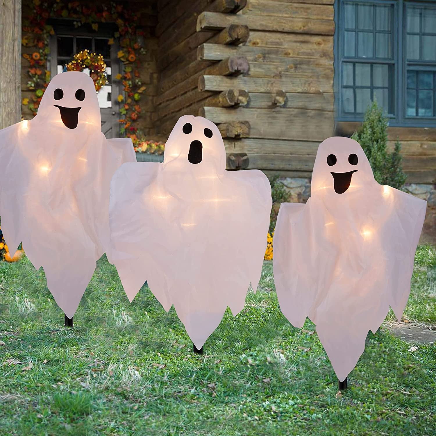 CHE-Halloween Decorations, 3 Pack Lighted White Cloth Ghost Stakes, 20 ...