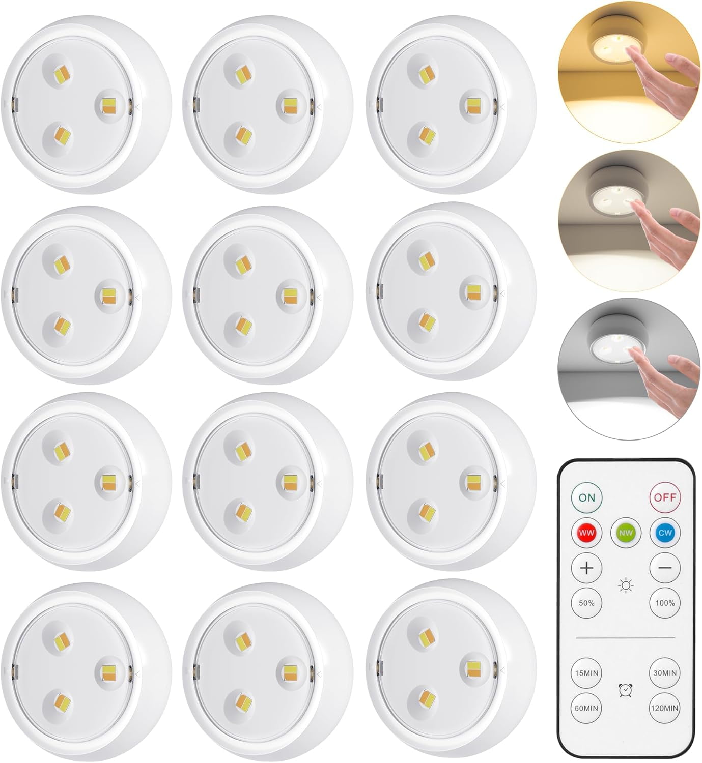 CHE-LED Puck Lights with Remote, 3 Color Battery Operated Push Lighting ...