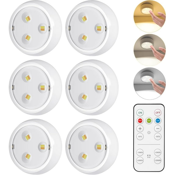 CHE-LED Puck Lights with Remote, 3 Color Battery Operated Push Lighting ...