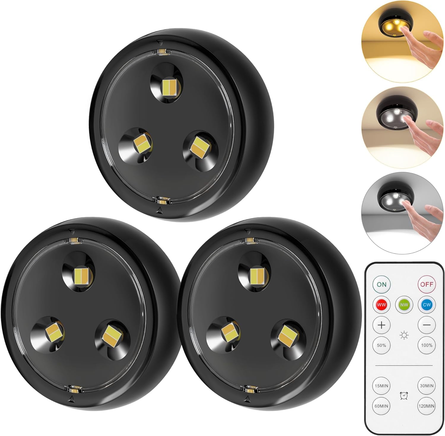 CHE-LED Puck Lights with Remote, 3 Color Battery Operated Push Lighting ...