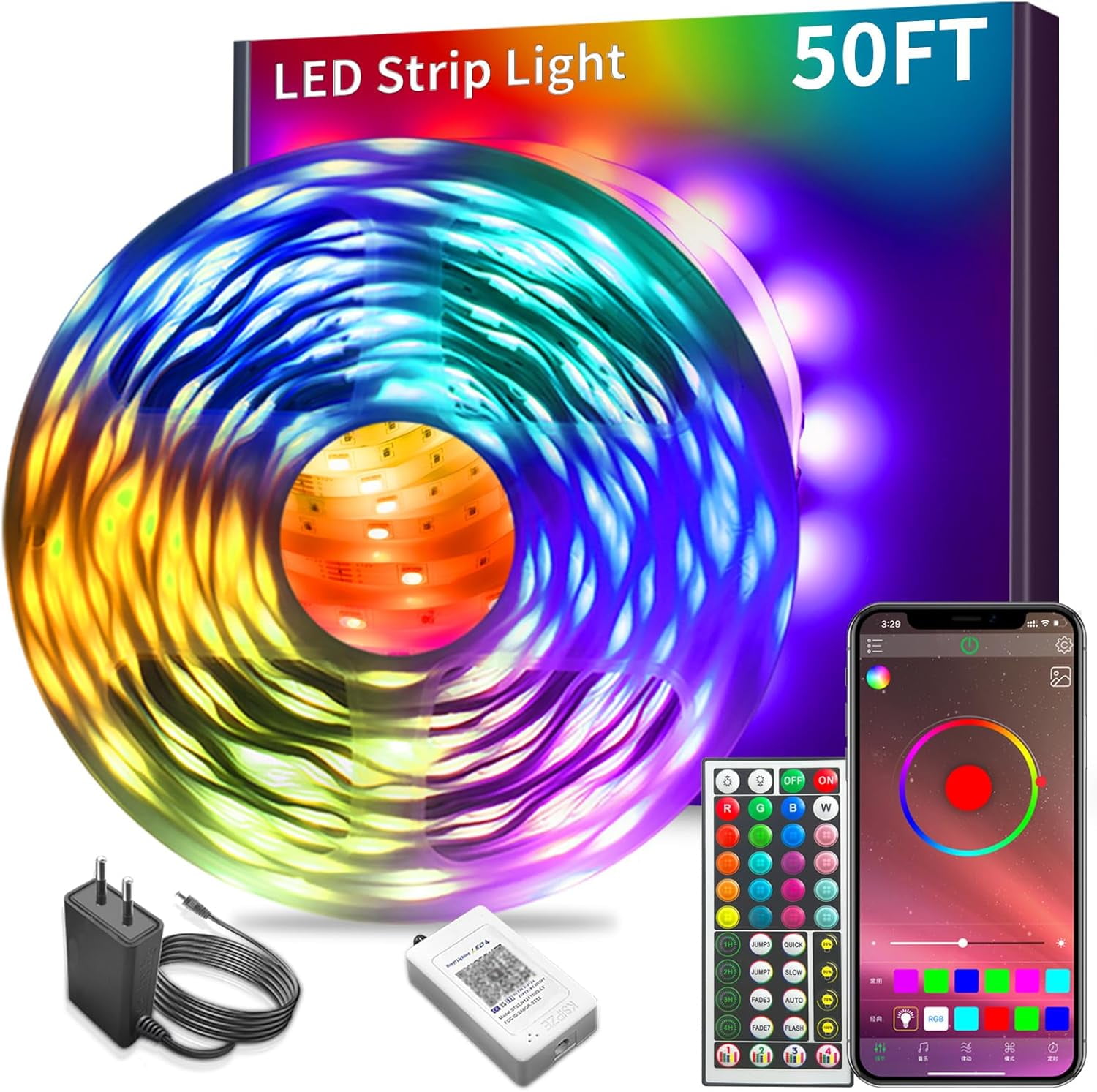 CHE-Led Lights for Bedroom 50ft Led Strip Lights with Remote RGB Color ...