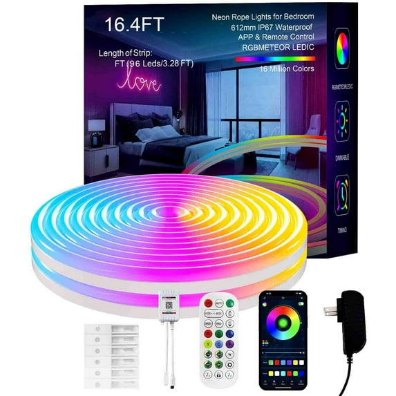 CHE-Neon Rope Lights, 16.4FT IC+RGB LED Strip Lights, App+Remote ...