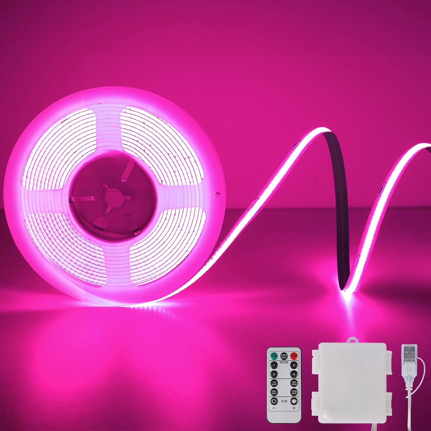CHE-Pink COB LED Strip Lights Battery Powered with Remote, 6.56FT ...