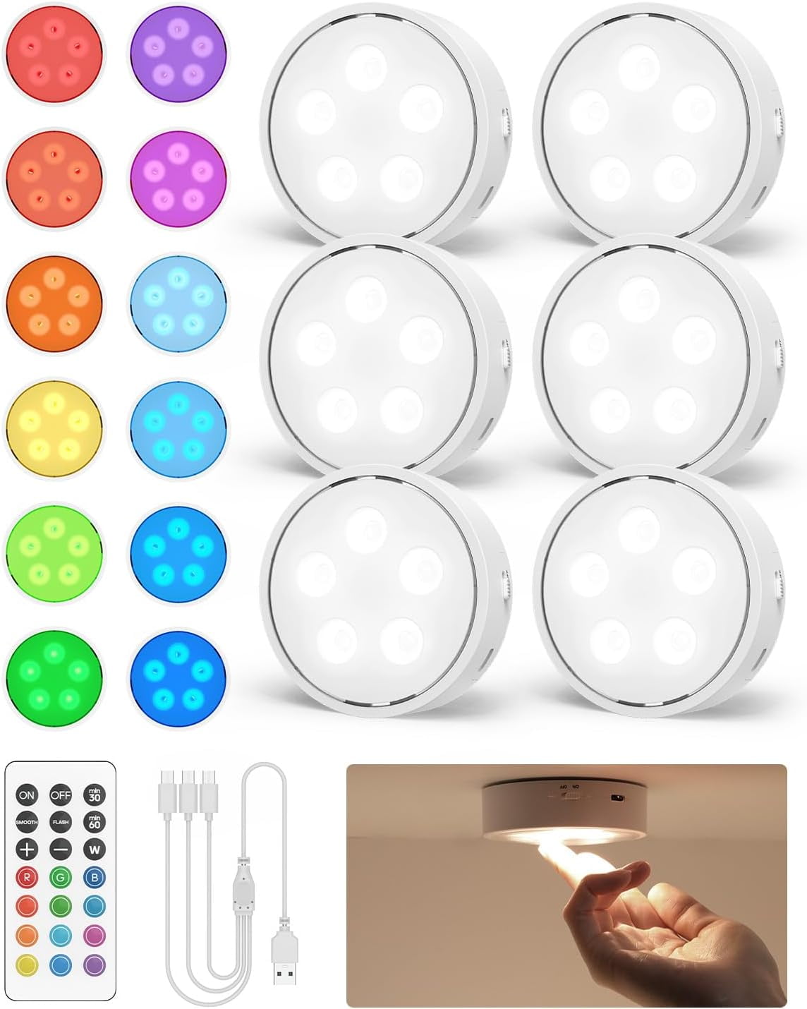 CHE-Puck Lights with Remote Control,Under Cabinet Lighting Magnetic,LED ...