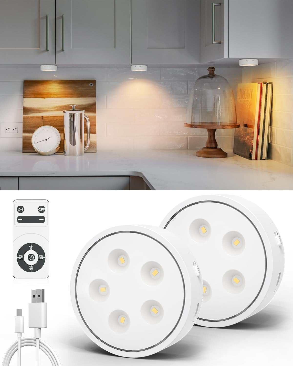 CHE-Puck Lights with Remote Control,Under Cabinet Lighting Magnetic,LED ...