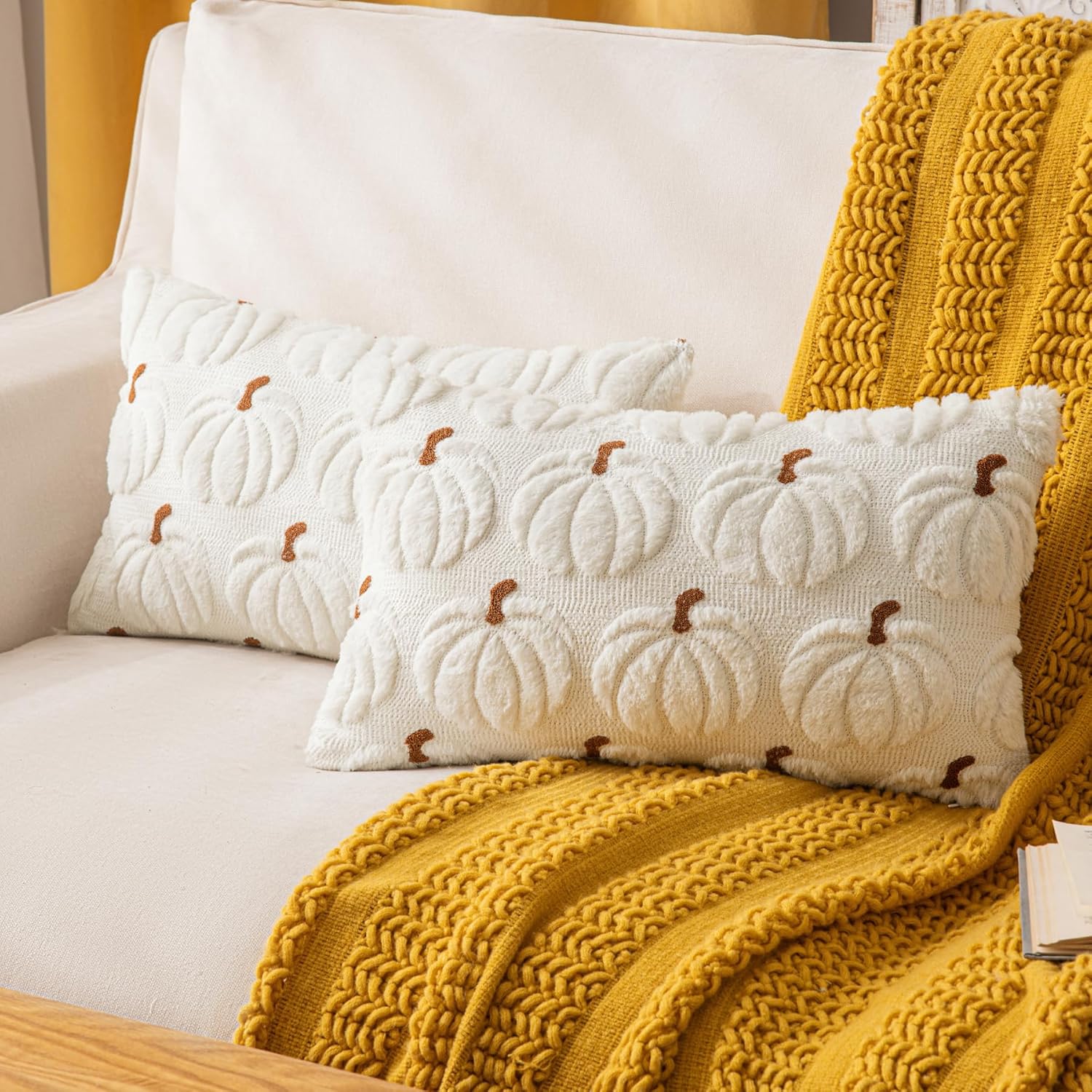 CHE-Pumpkin Fall Decorative Throw Pillow Covers 12"x20", Set of 2 Ivory ...