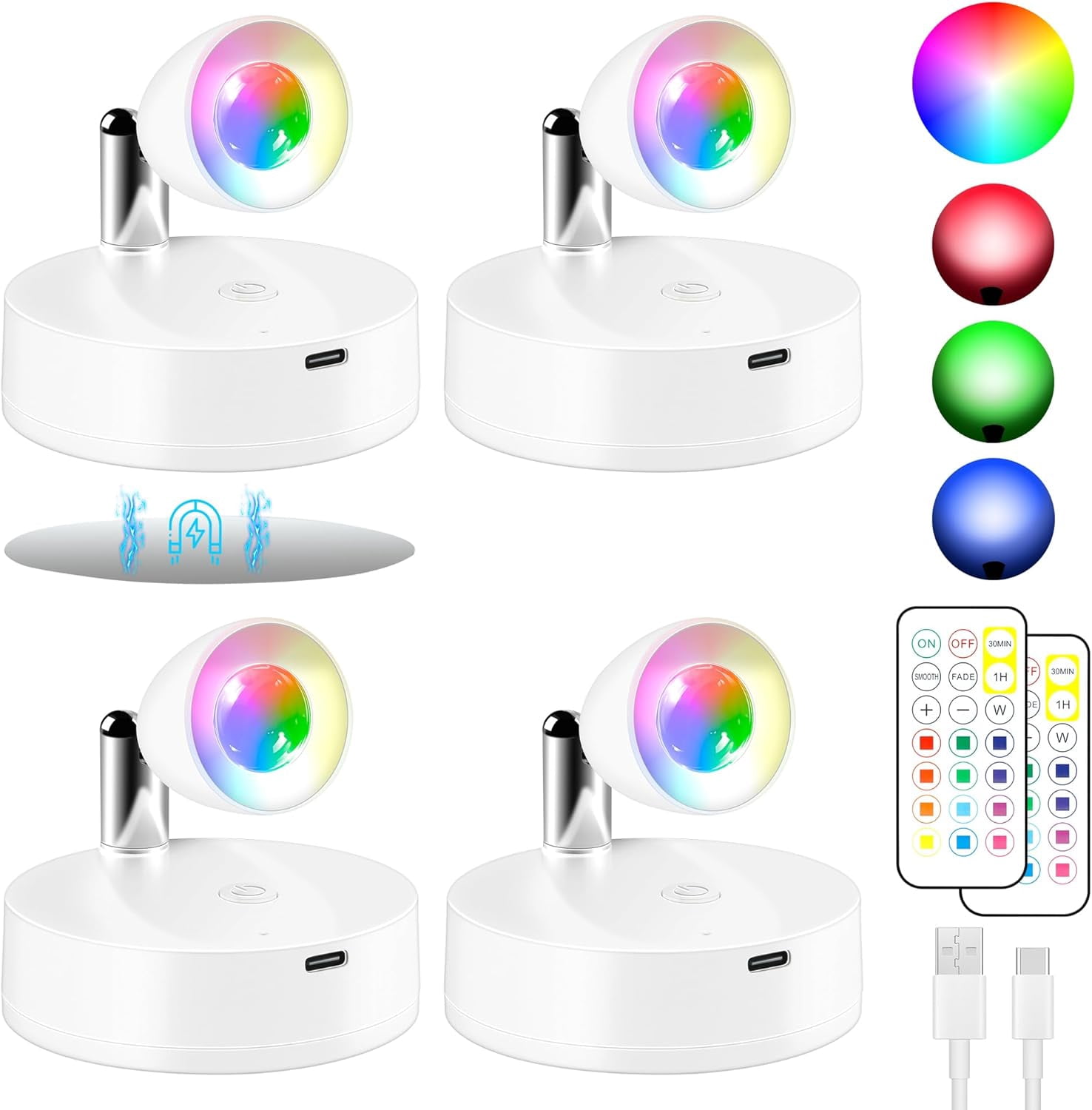CHE-Rechargeable RGBW Spotlights Indoor Decor, 4 Pack Wireless Tree ...