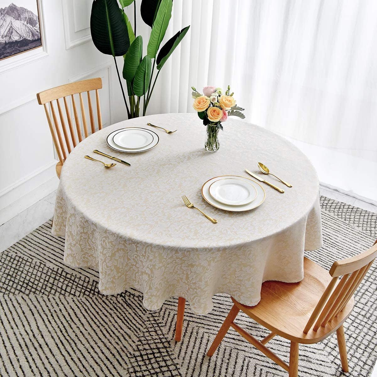 CHE-Round Jacquard Tablecloths Damask Design Spillproof Heavy Weight ...