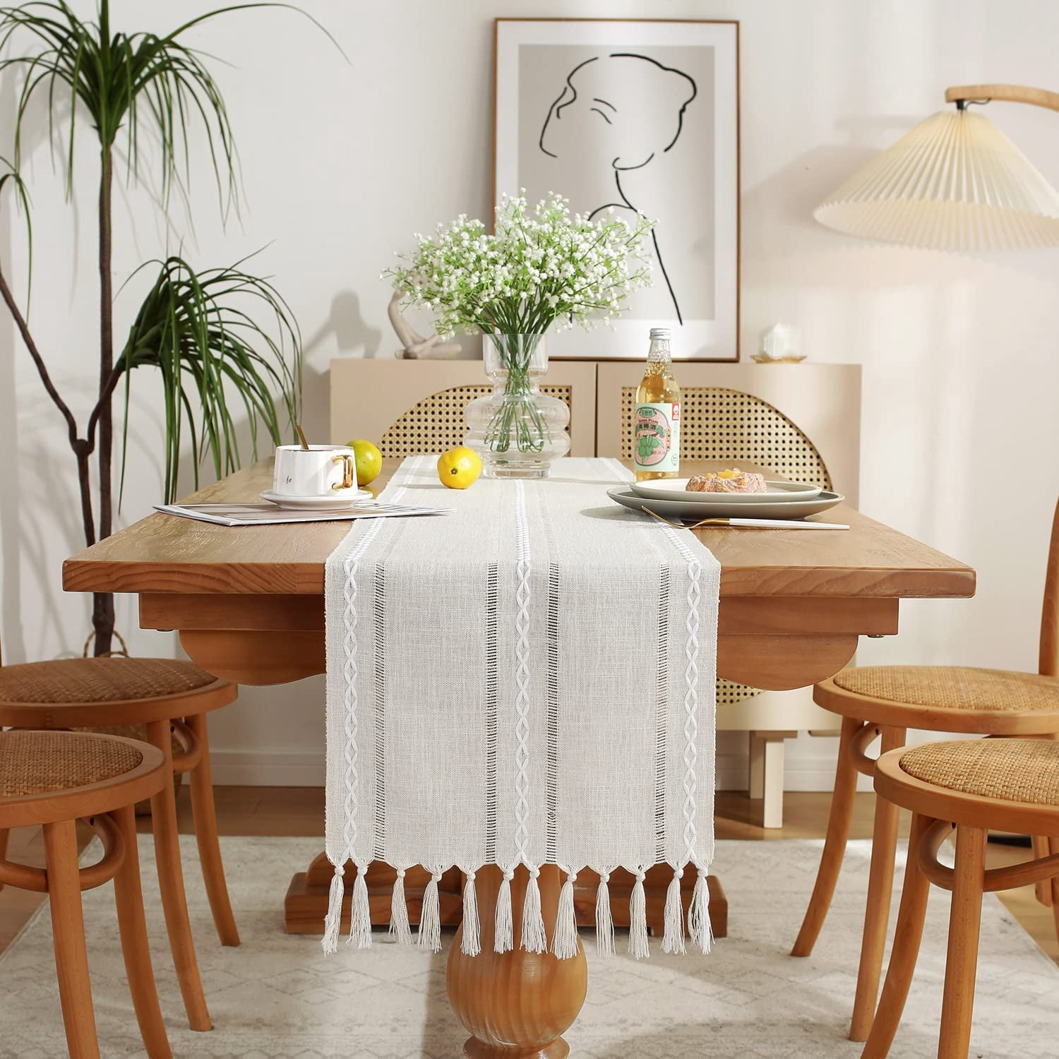 CHE-Rustic Farmhouse Style Linen Table Runner, Boho Handmade Tassel ...