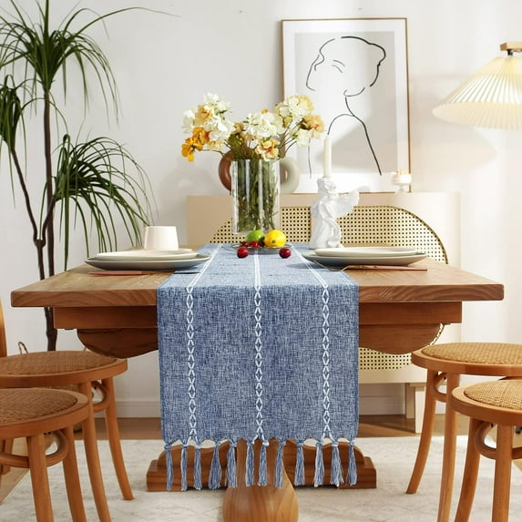 CHE-Rustic Farmhouse Style Linen Table Runner, Boho Handmade Tassel ...