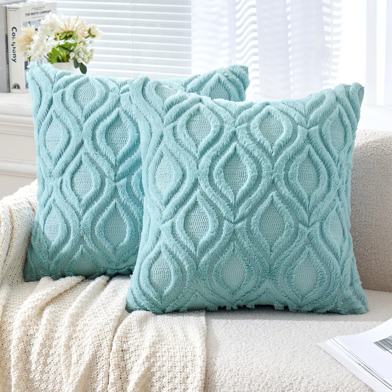CHE-Sky Blue Throw Pillow Covers 20x20 Inch, Soft Winter Plush Faux ...