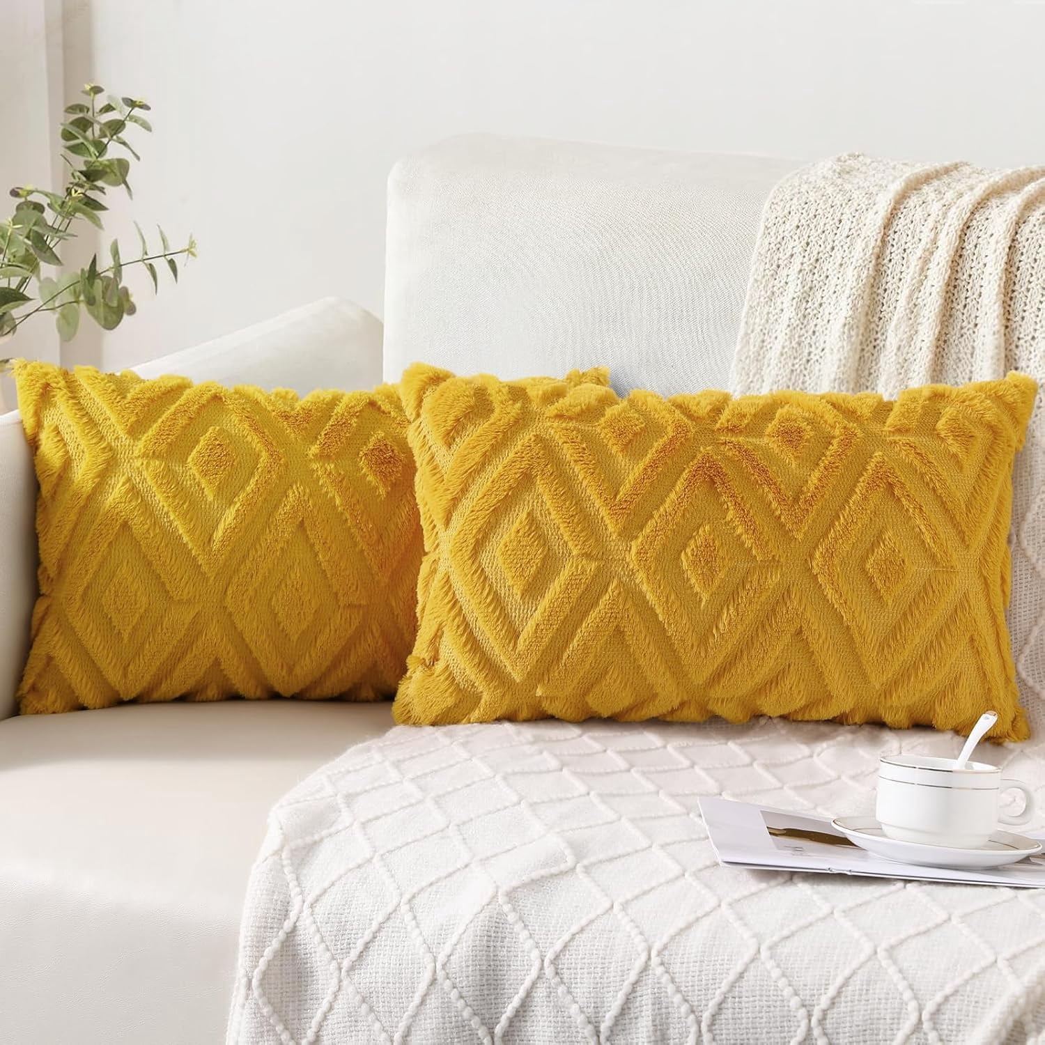 CHE-Soft Faux Fur Throw Pillow Covers 12x20 Set of 2 - Plush Wool ...
