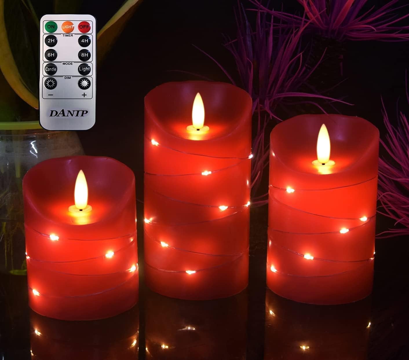 CHE-red LED flameless Candle with Embedded Star String, 3-Piece Set of ...