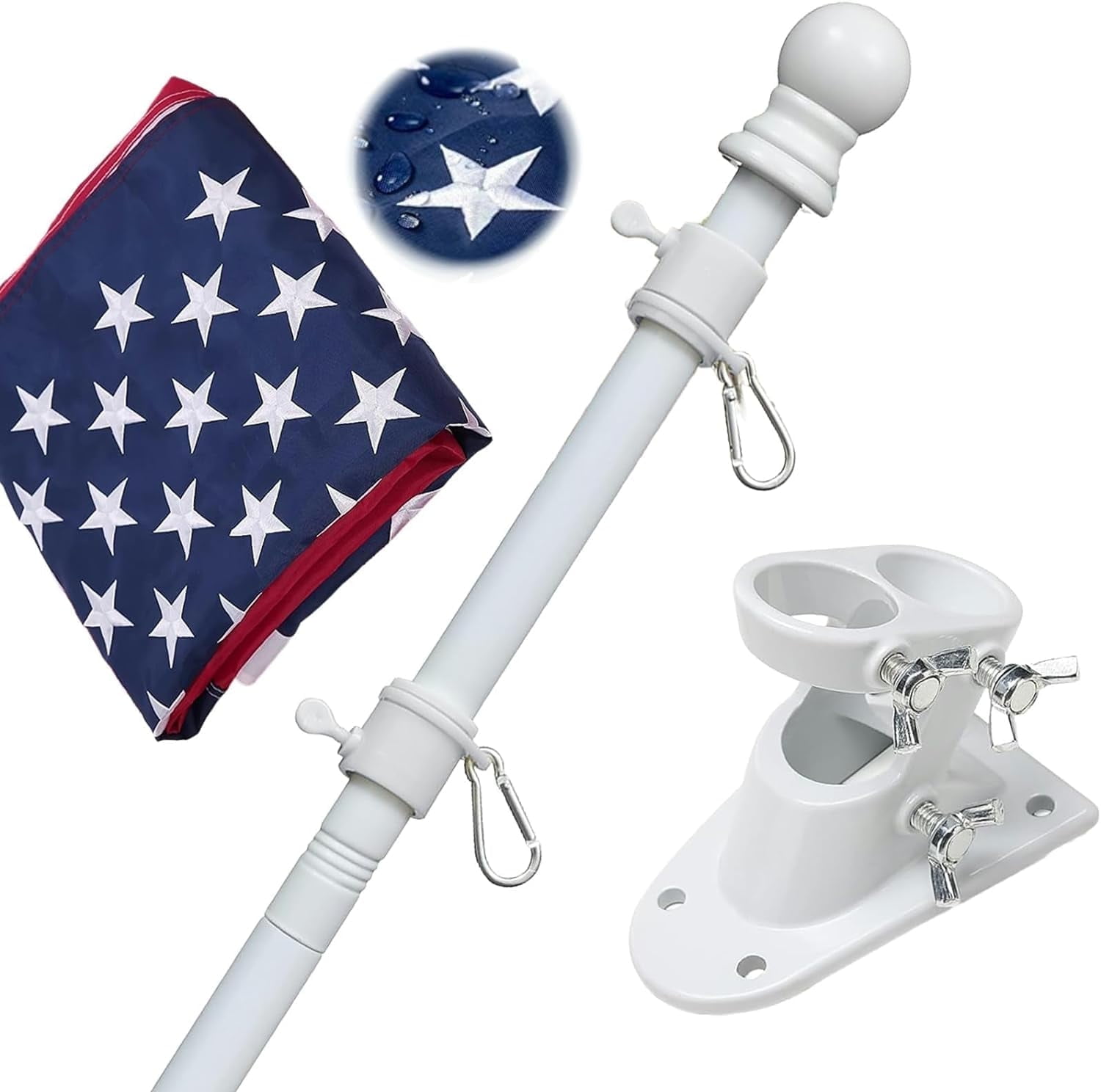 CHEASYOU White Flag Pole with 3×5 Embroidered American Flag and Bracket ...