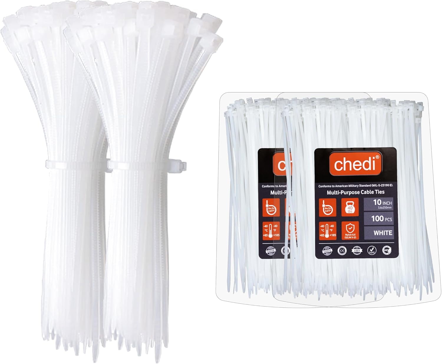 CHEDI Cable Zip Ties 10 Inch White, 200 Pack, Multi-Purpose, Clear ...