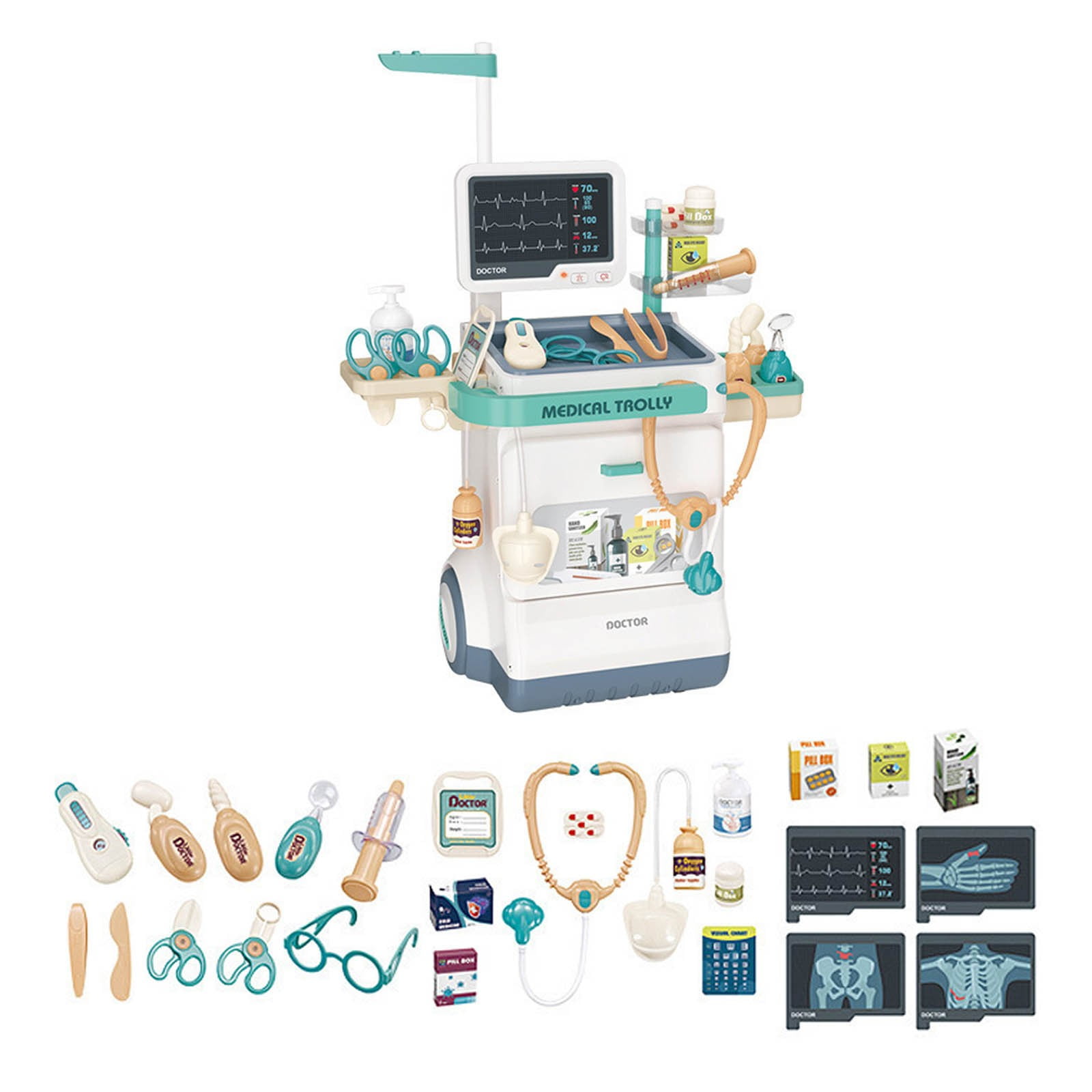 CHEEPUM Kids Doctors Play Set, 28 Accessories, Mobile Cart with Lights ...