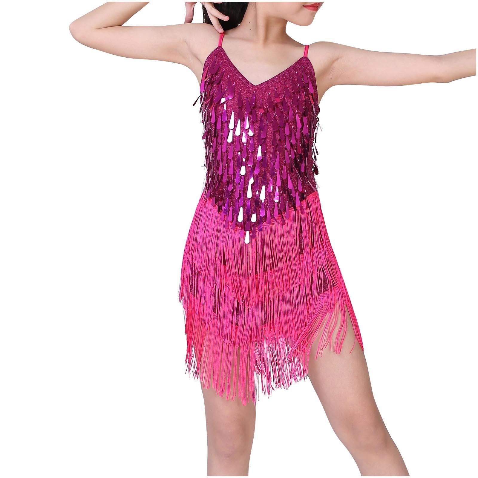 CHEEREAM Girl's Sequin Tassel Dress Latin Dance Skirt Sparkling for ...