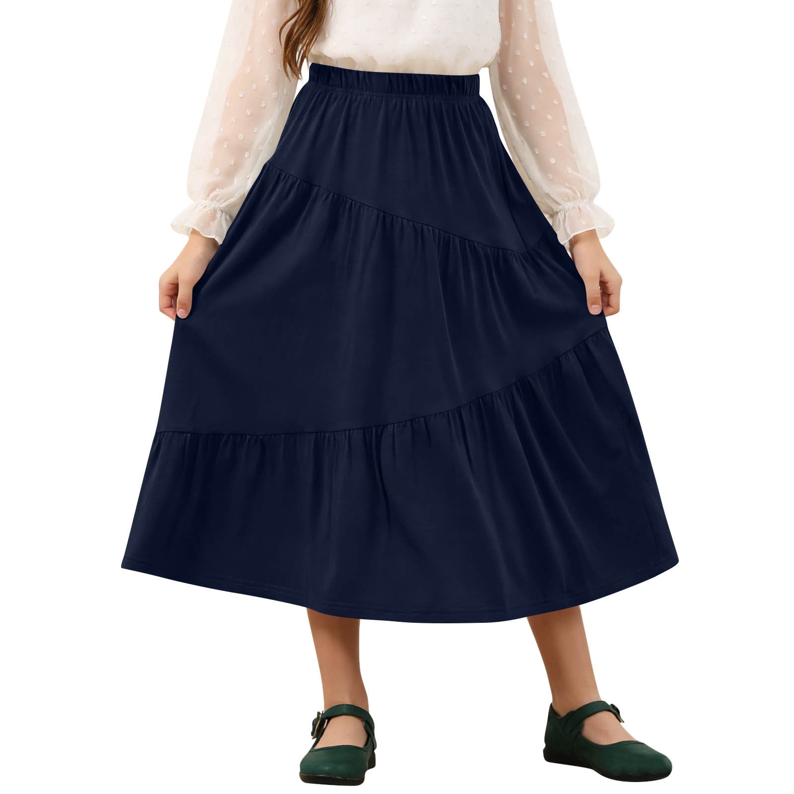 CHEEREAM Girls Midi Skirt Holiday Casual Asymmetrical Tiered Ruffle Hem ...