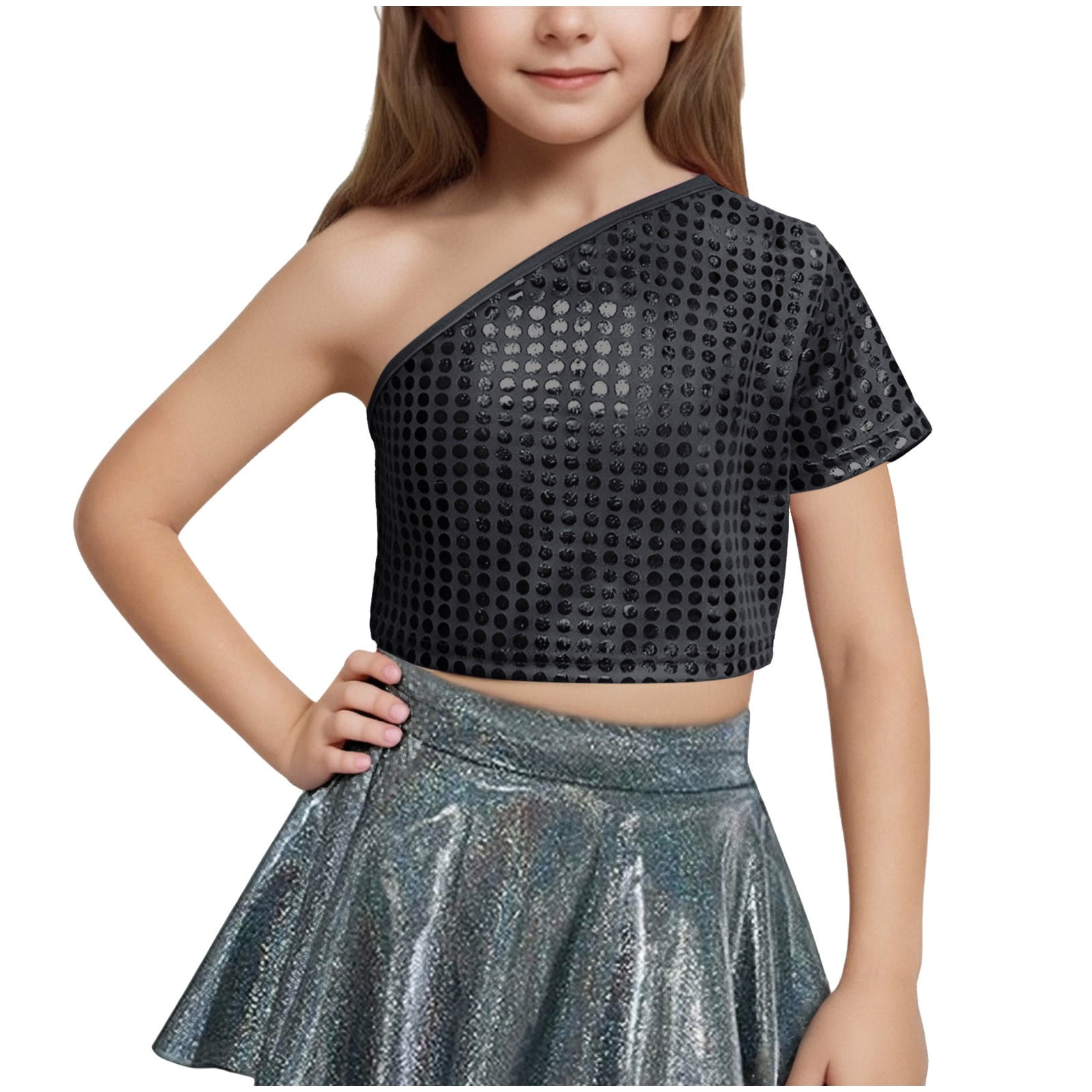 CHEEREAM Girls Sparkly Metallic One Shoulder Short Sleeve Dance Crop ...