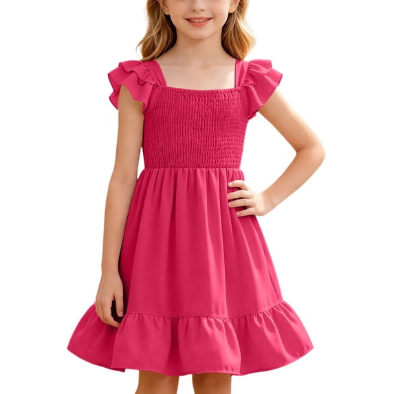 CHEEREAM Girls Summer Dresses Smocked Layered Flutter Sleeve Square ...