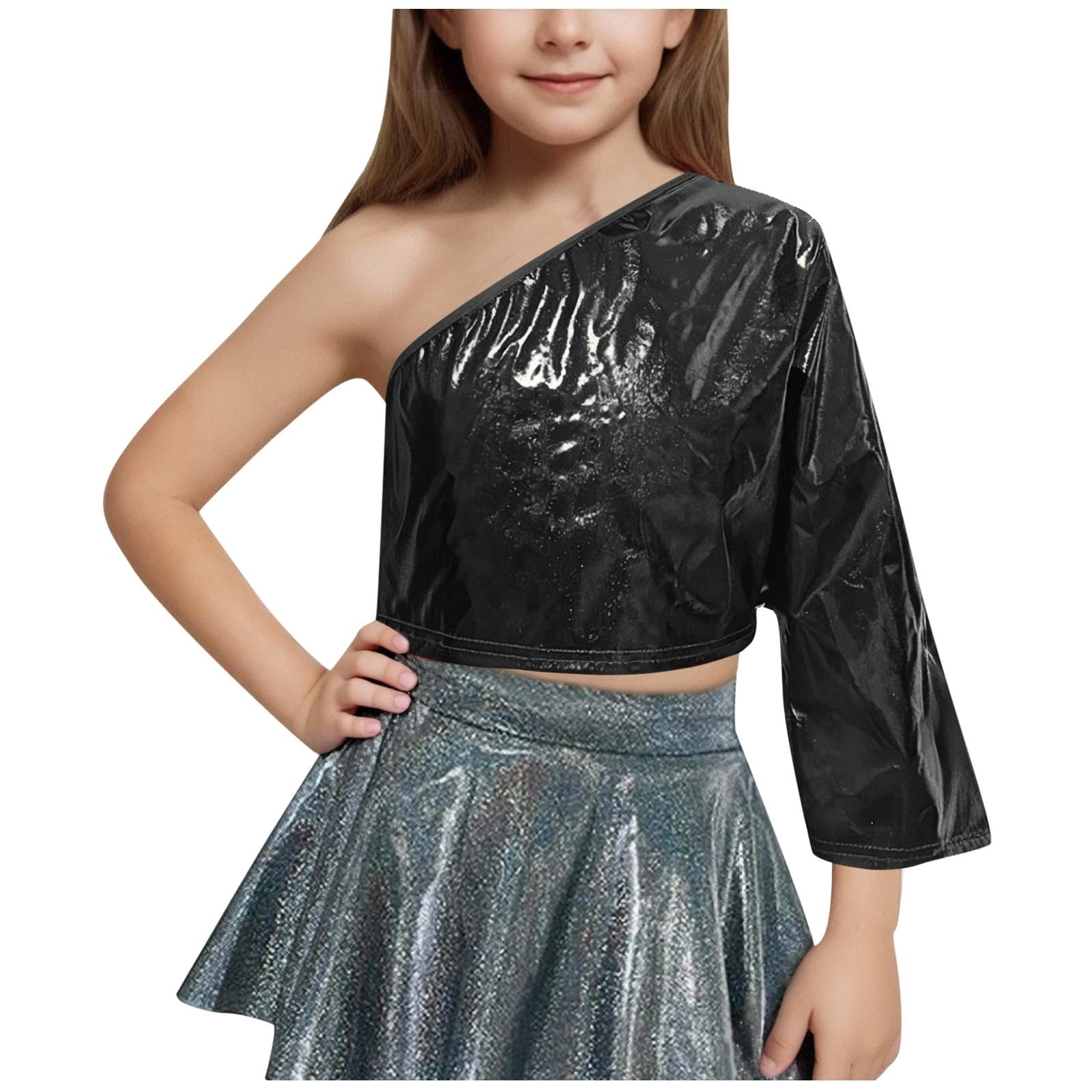 CHEEREAM Kids Girls One Shoulder Long Sleeve Sequins Crop Top Athletic ...