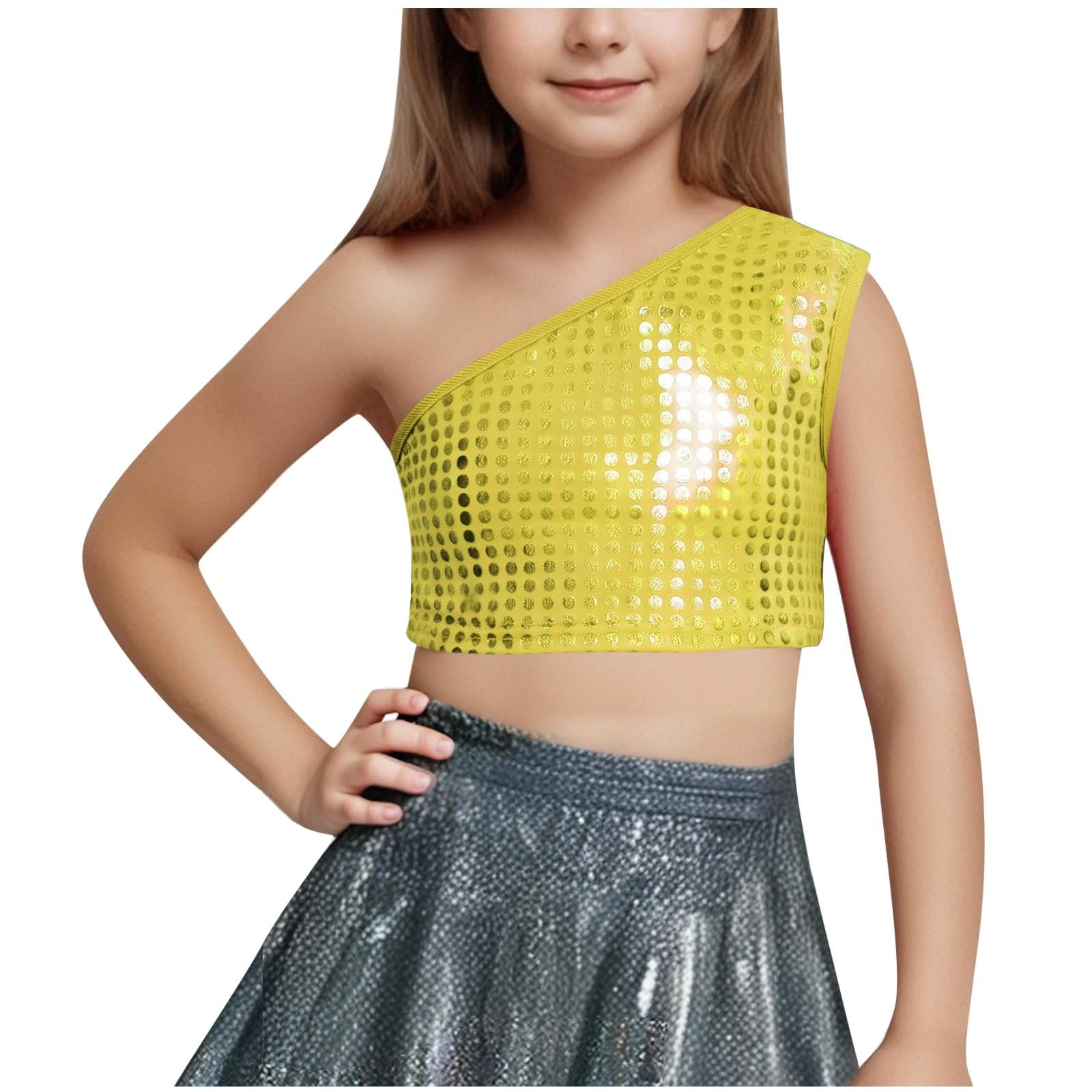 CHEEREAM Kids Girls One-Shoulder Sequins Dance Crop Tops Jazz Hip Hop ...