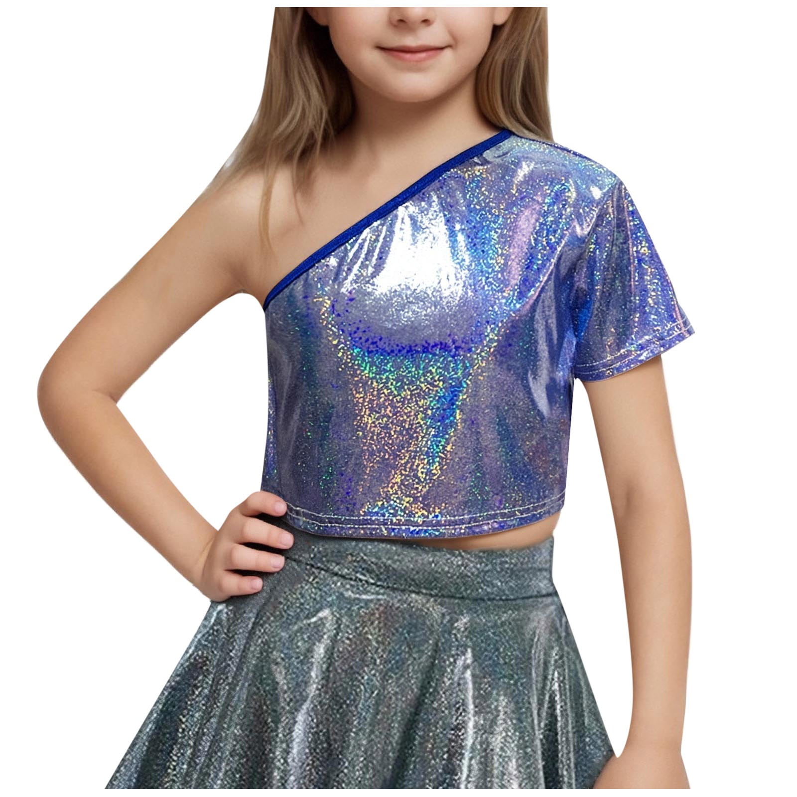 CHEEREAM Kids Girls One Shoulder Short Sleeve Dance Crop Top Shiny ...