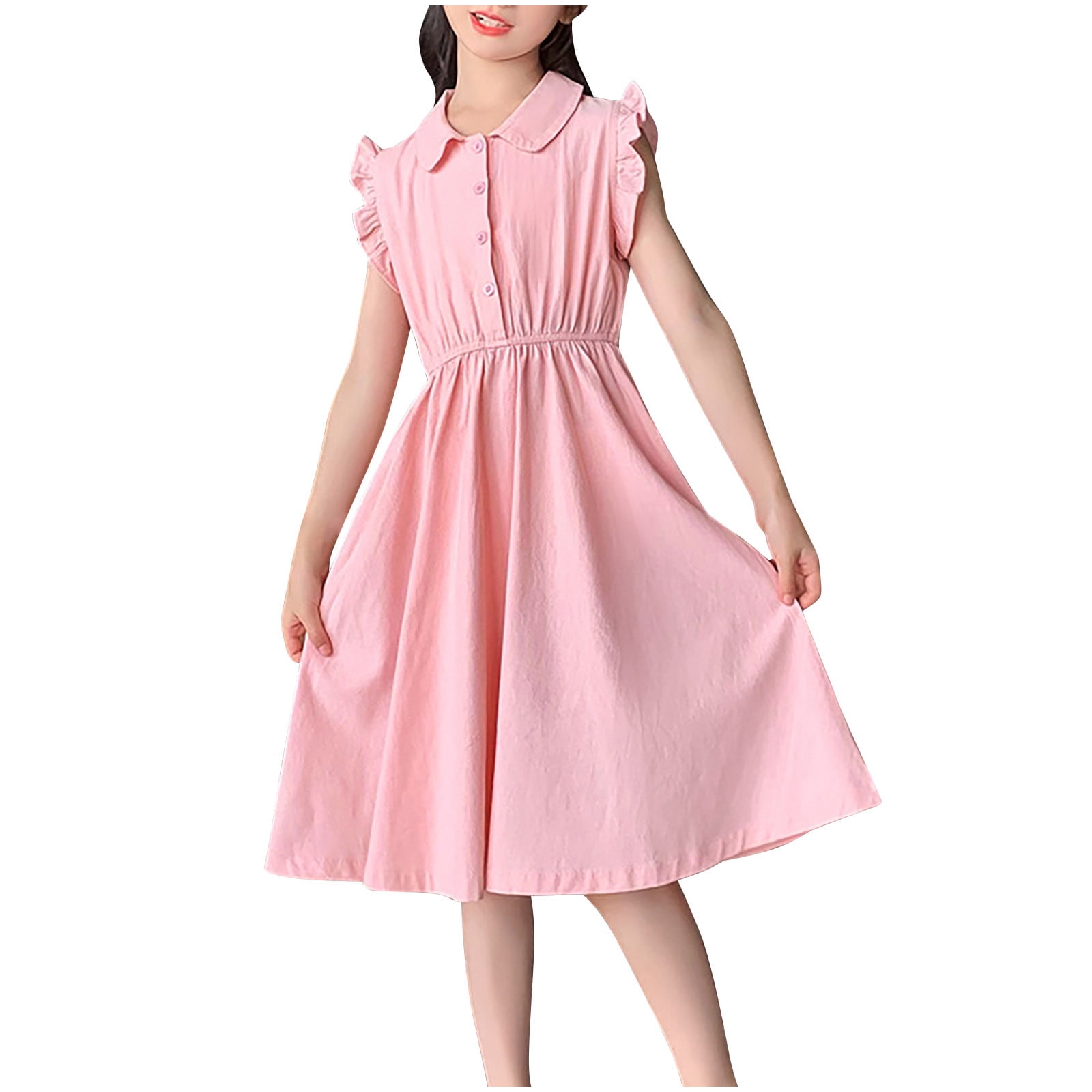 CHEEREAM Little Girls Summer Dress Flutter Sleeve Button A-Line ...