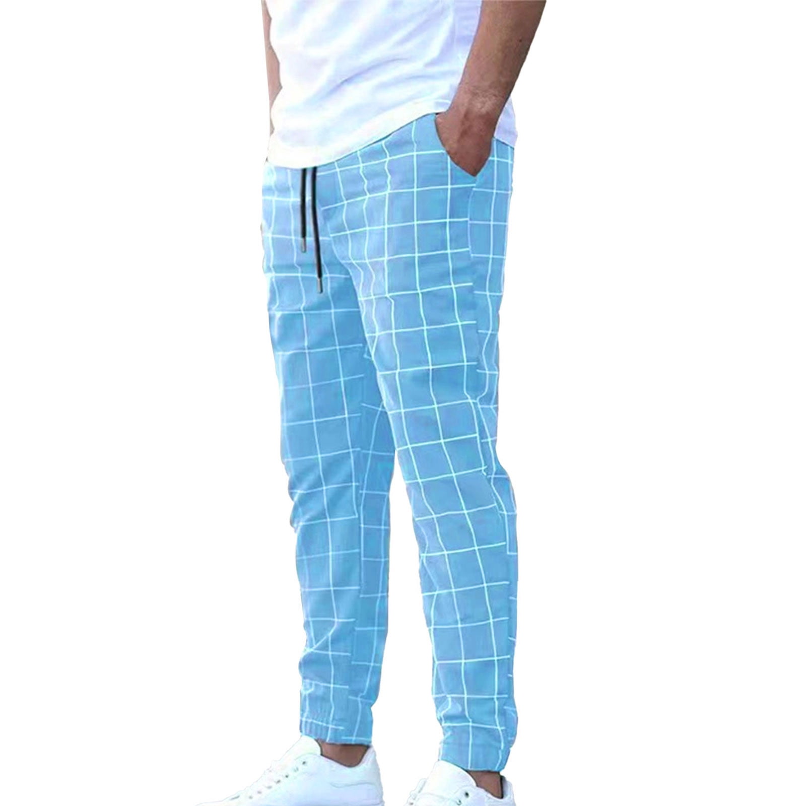 CHEEREAM Men's Casual Drawstring Checkered Pants Stretch Slim Fit ...