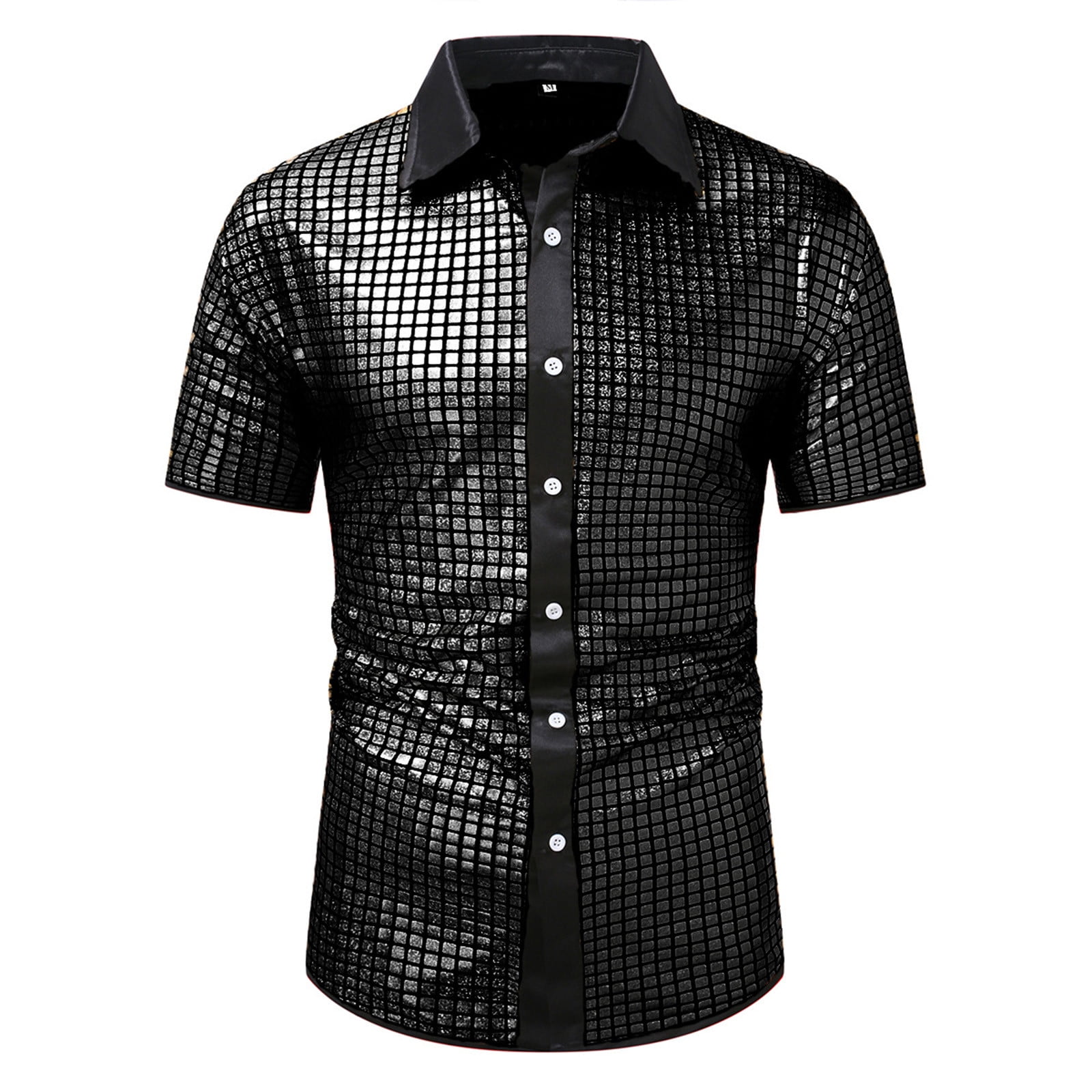 CHEEREAM Mens Button Down Disco Shirt Outfit Men Retro 70s Shirts Sequin Metallic Short Sleeve ...