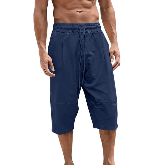 CHEEREAM Mens Capri Pants Wide Leg Elastic Drawstring Waist Trouser ...