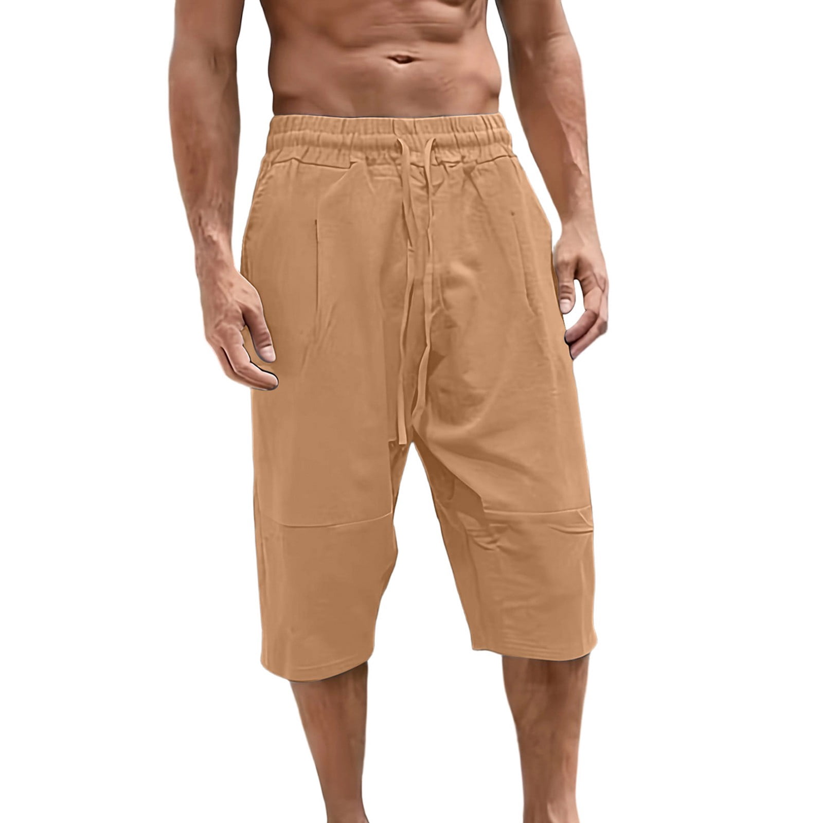 CHEEREAM Mens Capri Pants Wide Leg Elastic Drawstring Waist Trouser ...