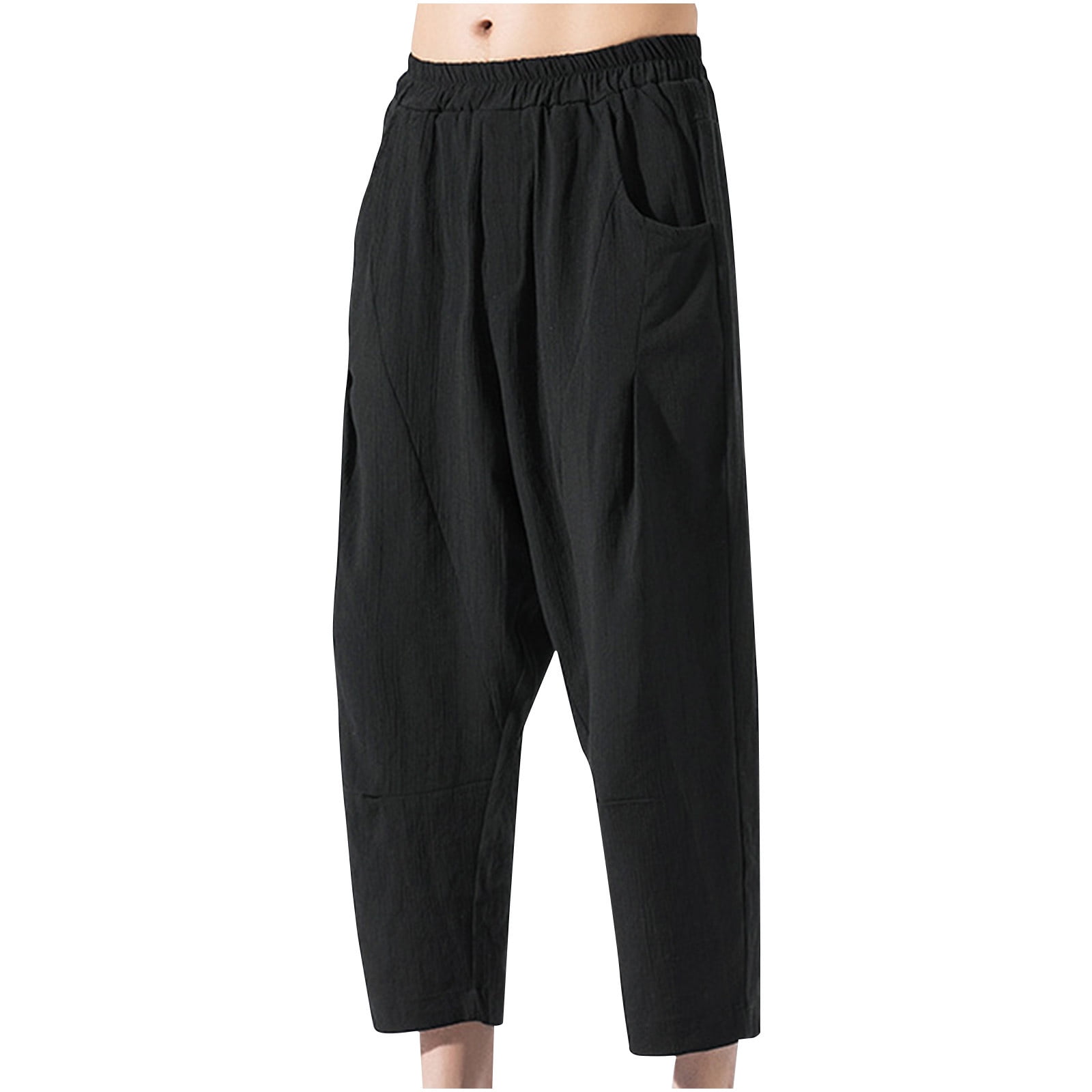 CHEEREAM Mens Cotton Linen Tapered Cropped Pants Summer Casual Elastic ...