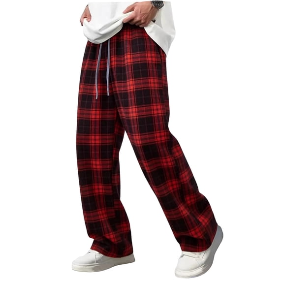 CHEEREAM Mens Plaid Pants Wide Leg Elastic Drawstring Waist Trousers ...